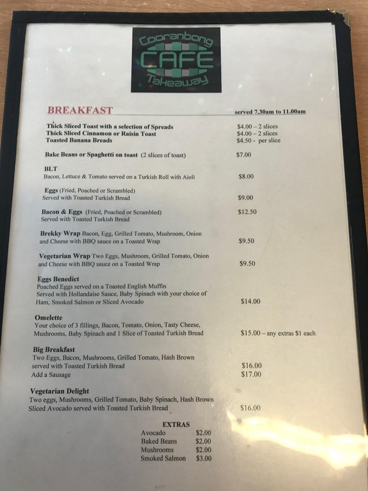 Menu at Watagans Takeaway cafe, Cooranbong