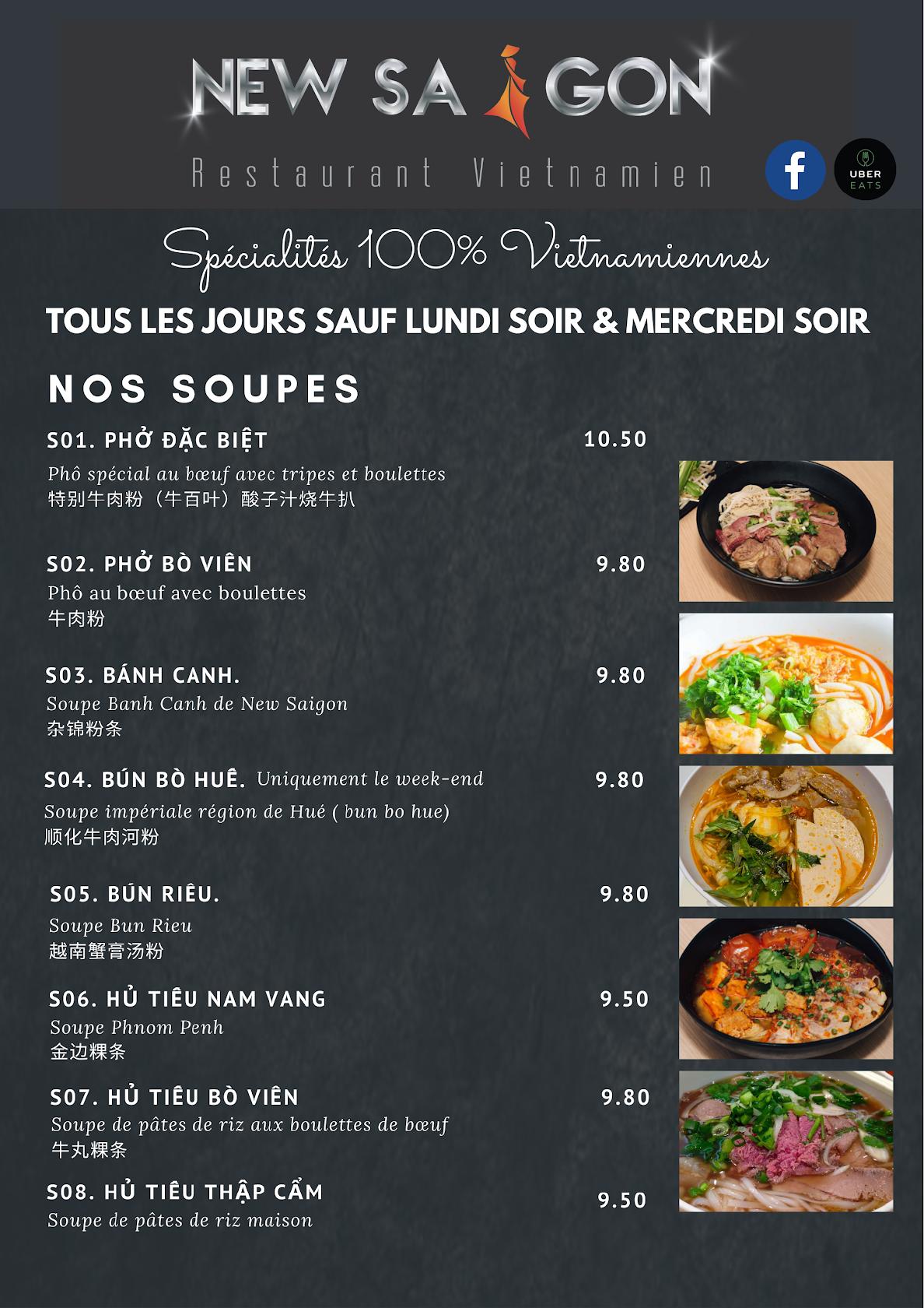 Menu au New Saigon restaurant, Lognes