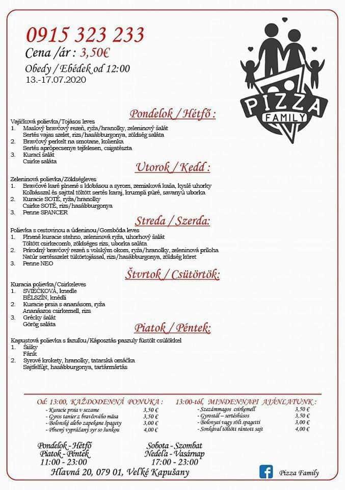 Menu at Pizza Family restaurant, Veľké Kapušany