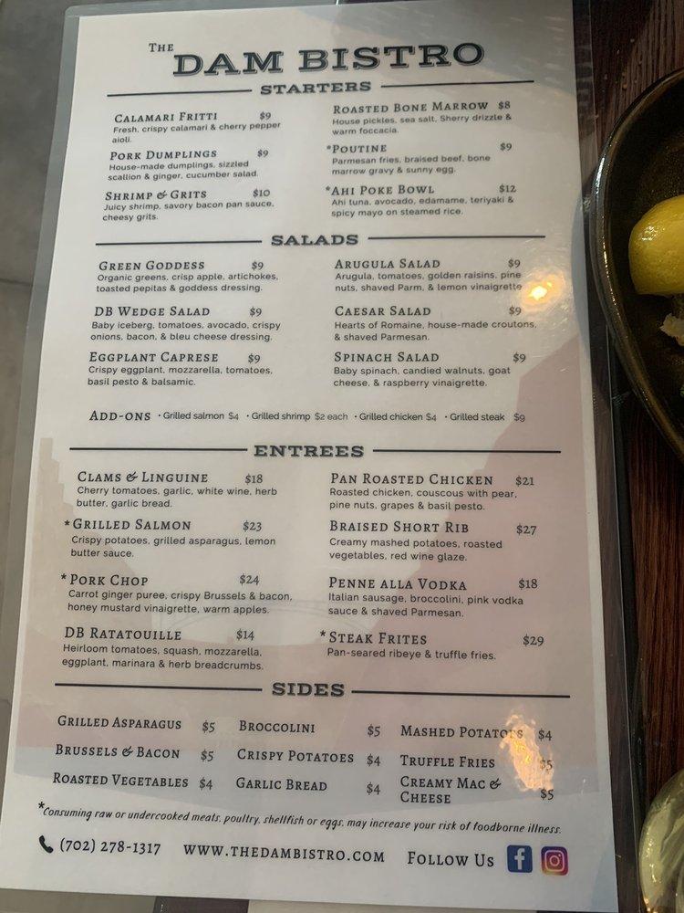 Menu at The Dam Bistro restaurant, Boulder City
