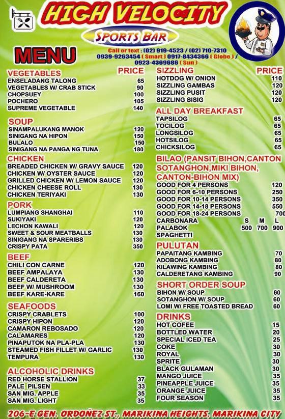 Menu at High velocity sports bar, Marikina