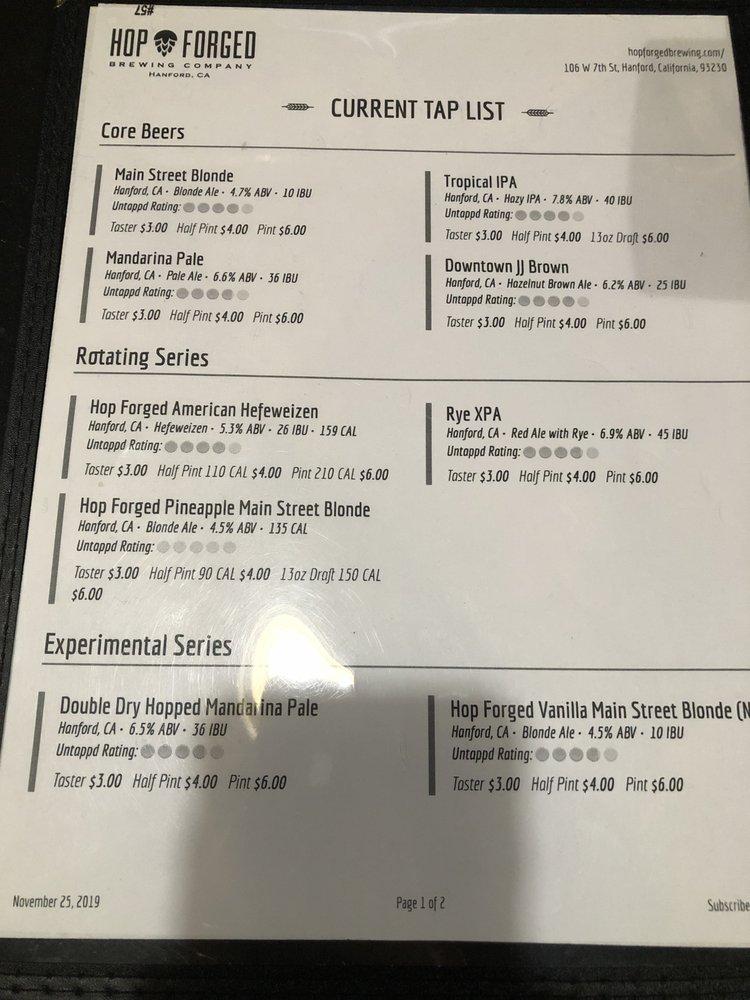 Menu at Hop Forged Brewing Company, LLC, Hanford
