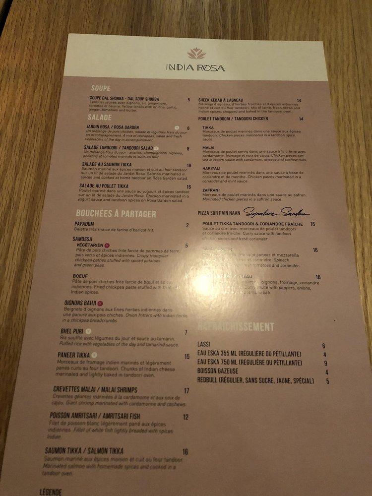 Menu au India Rosa Plateau pub et bar, Montréal