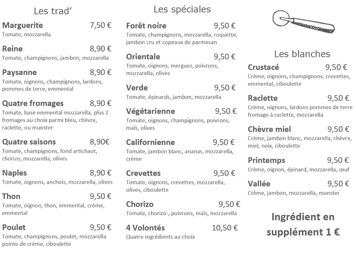 Carta de pizzería La Fabrique, Colmar