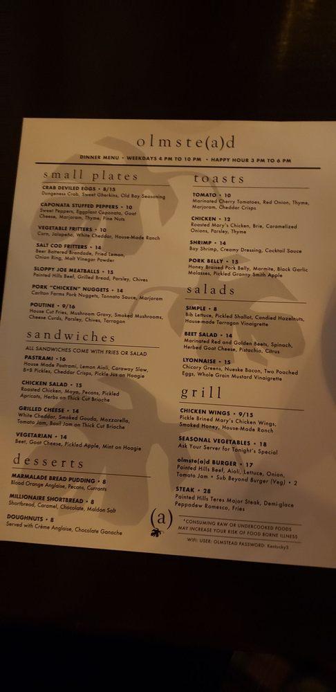 Menu at Olmstead pub & bar, Seattle
