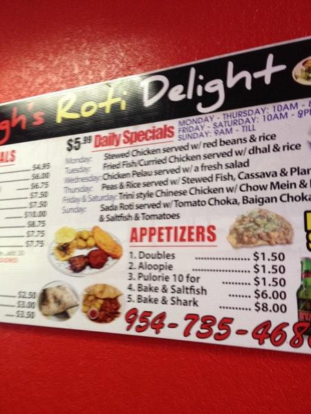 Menu at Singh's Roti Delight restaurant, Lauderdale Lakes