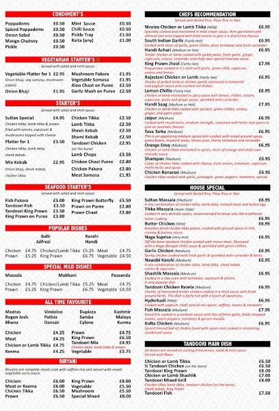 Menu at Sultan Indian Takeaway Barnoldswick, Barnoldswick