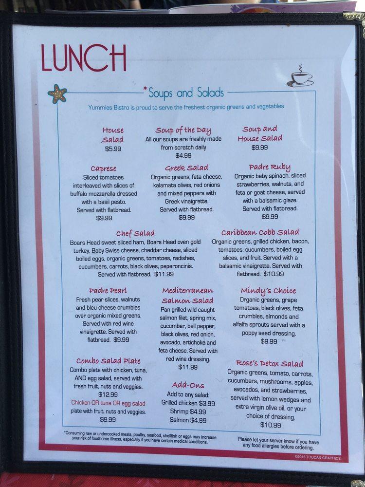 Menu at Yummies Bistro cafe, South Padre Island