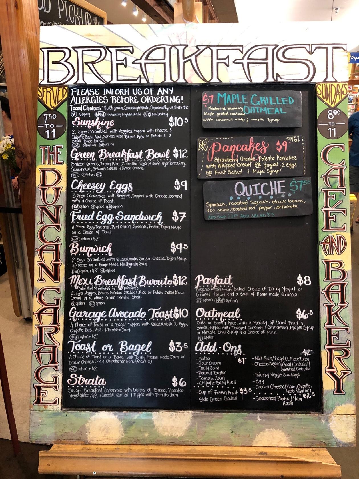Menu at Duncan Garage Café & Bakery, Duncan