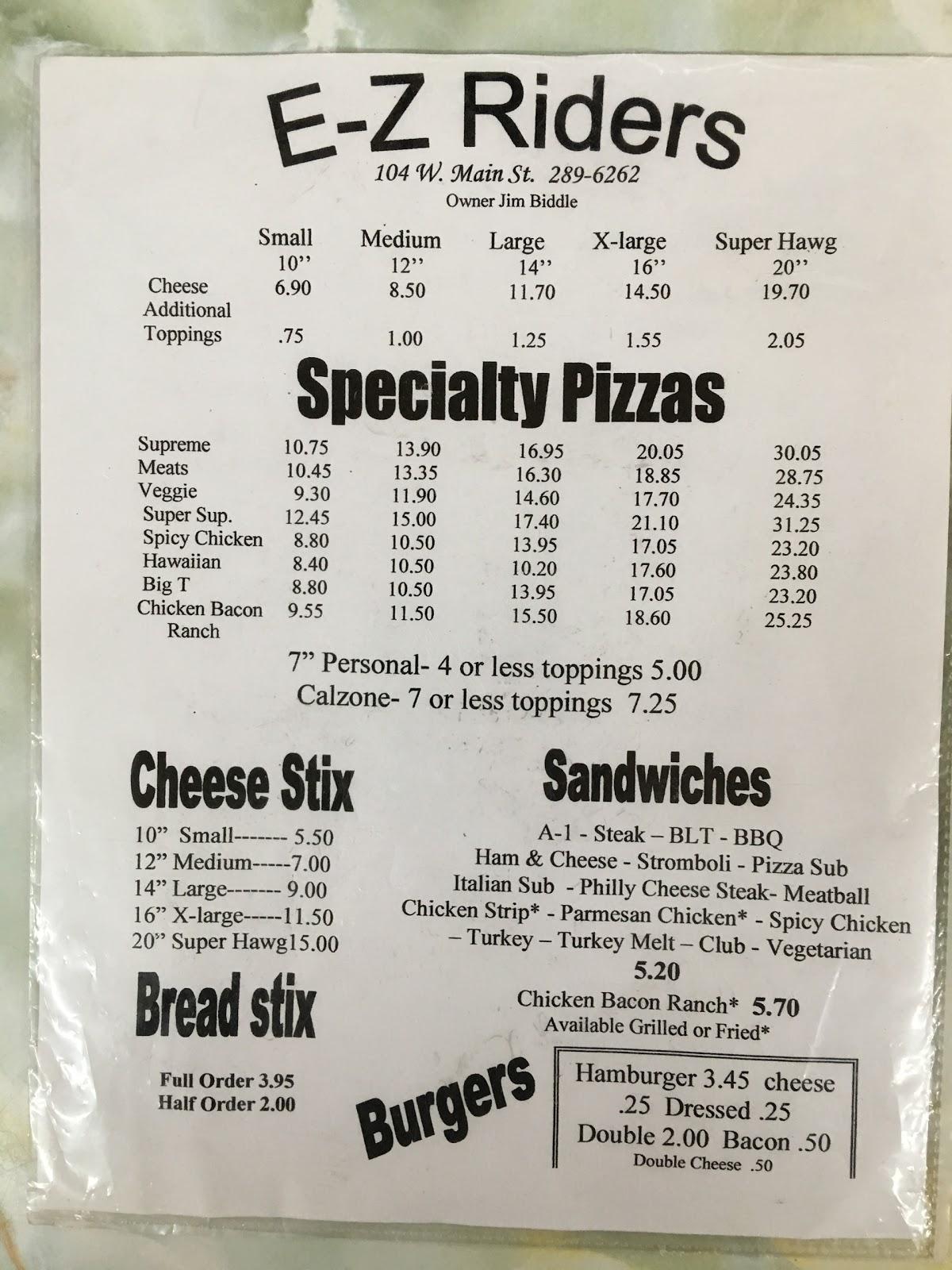 Menu at E Z Riders Pizza pizzeria, Carlisle