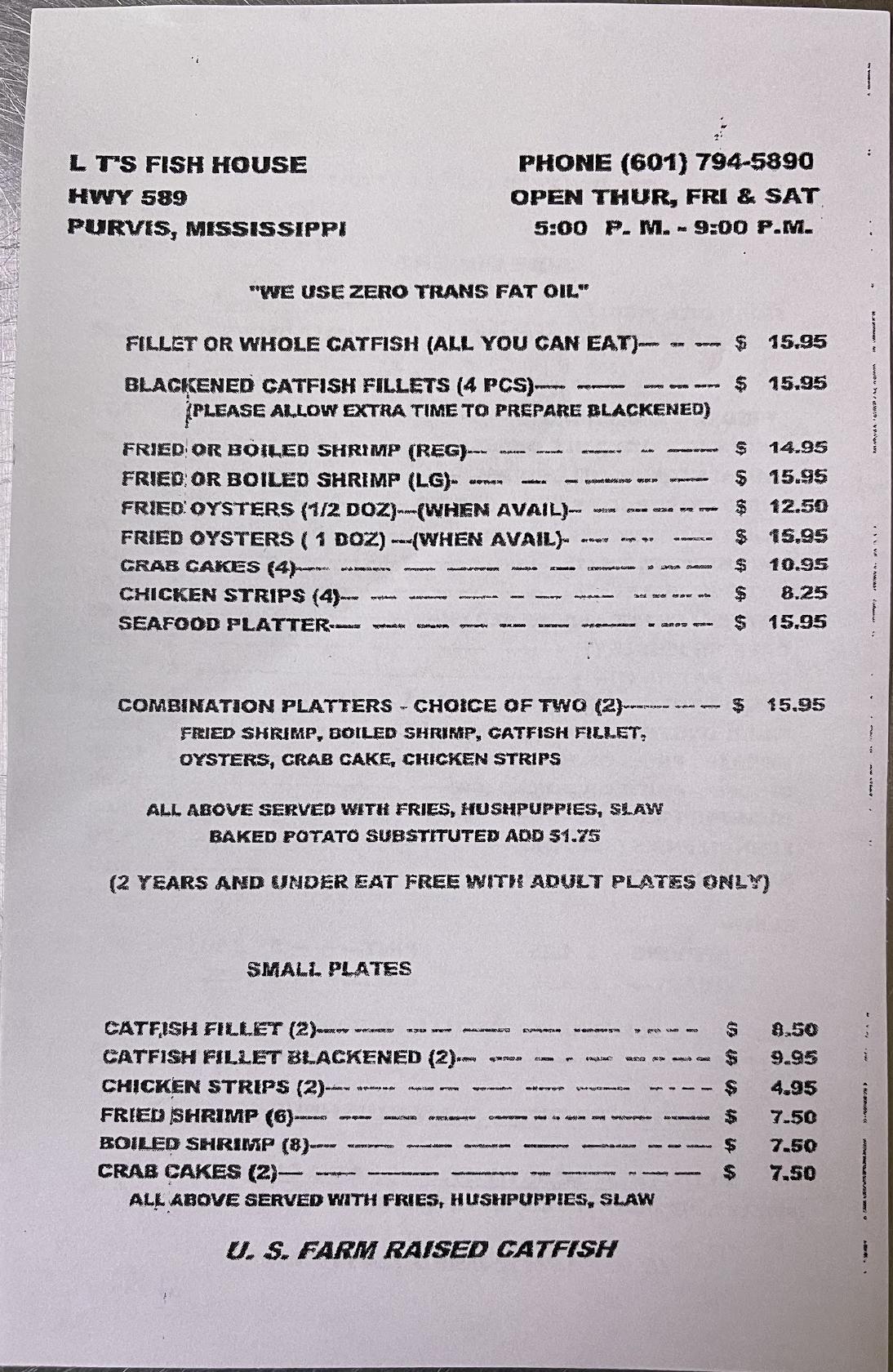 Menu at Lt's Fish House restaurant, Purvis