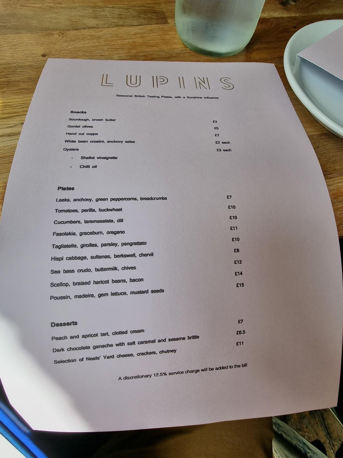 Menu at Lupins restaurant, London