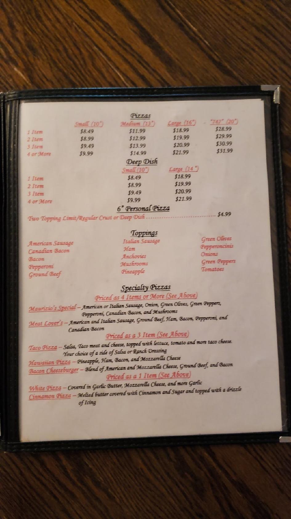 Menu at Maurizio's Pizza & Restaurant, Brazil