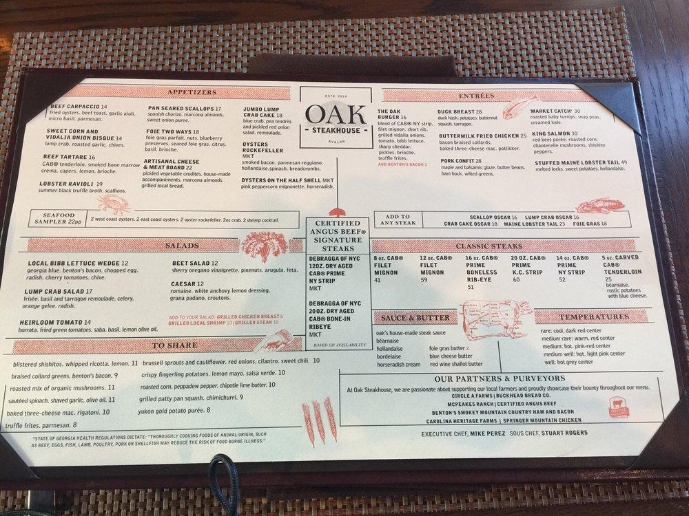 Menu at Oak Steakhouse, Alpharetta