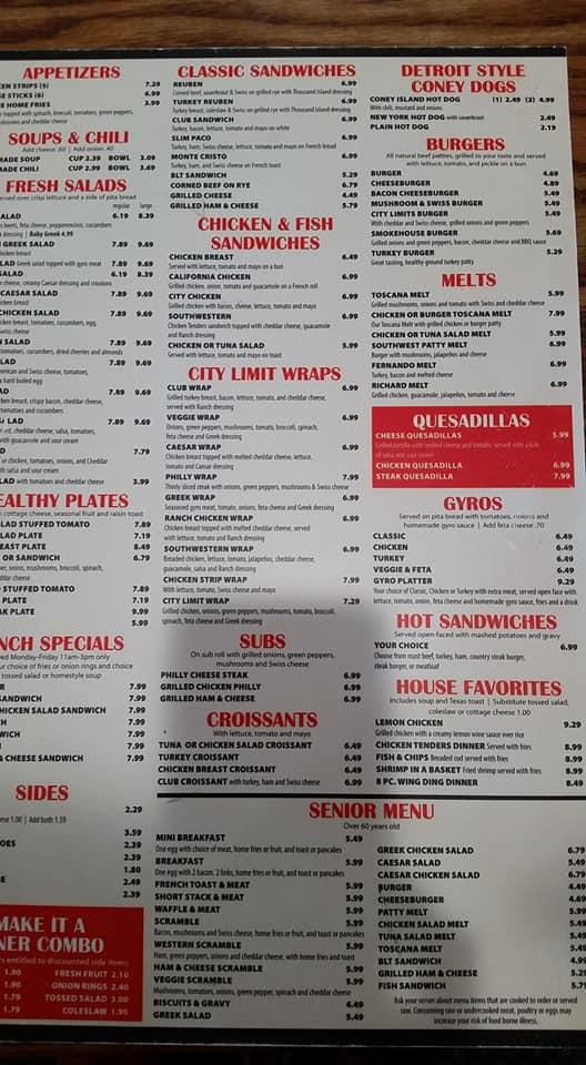 Menu at City Limits Diner restaurant, Saline