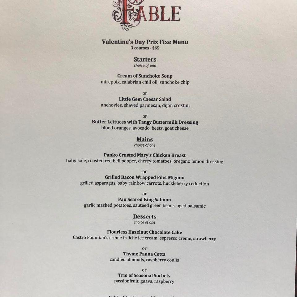 Menu at Fable pub & bar, San Francisco