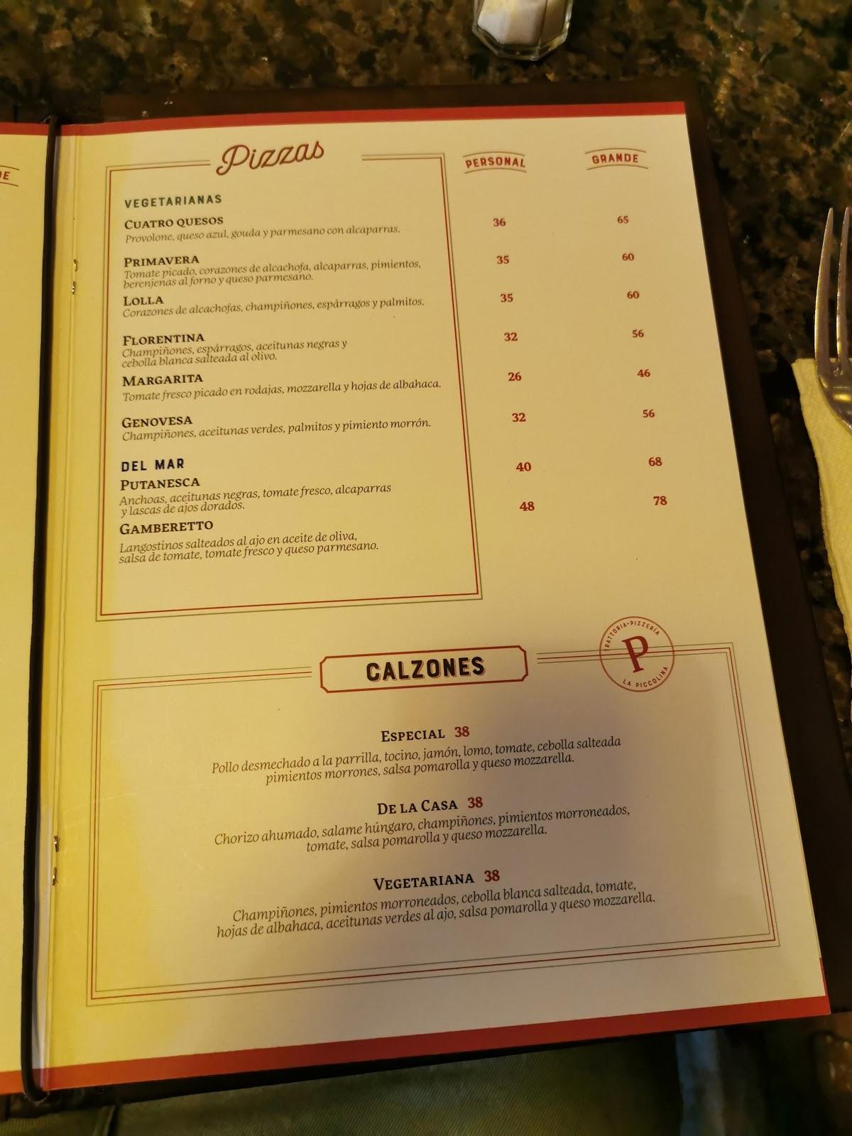 Carta del restaurante La Piccolina, San Borja, C. Morelli 235