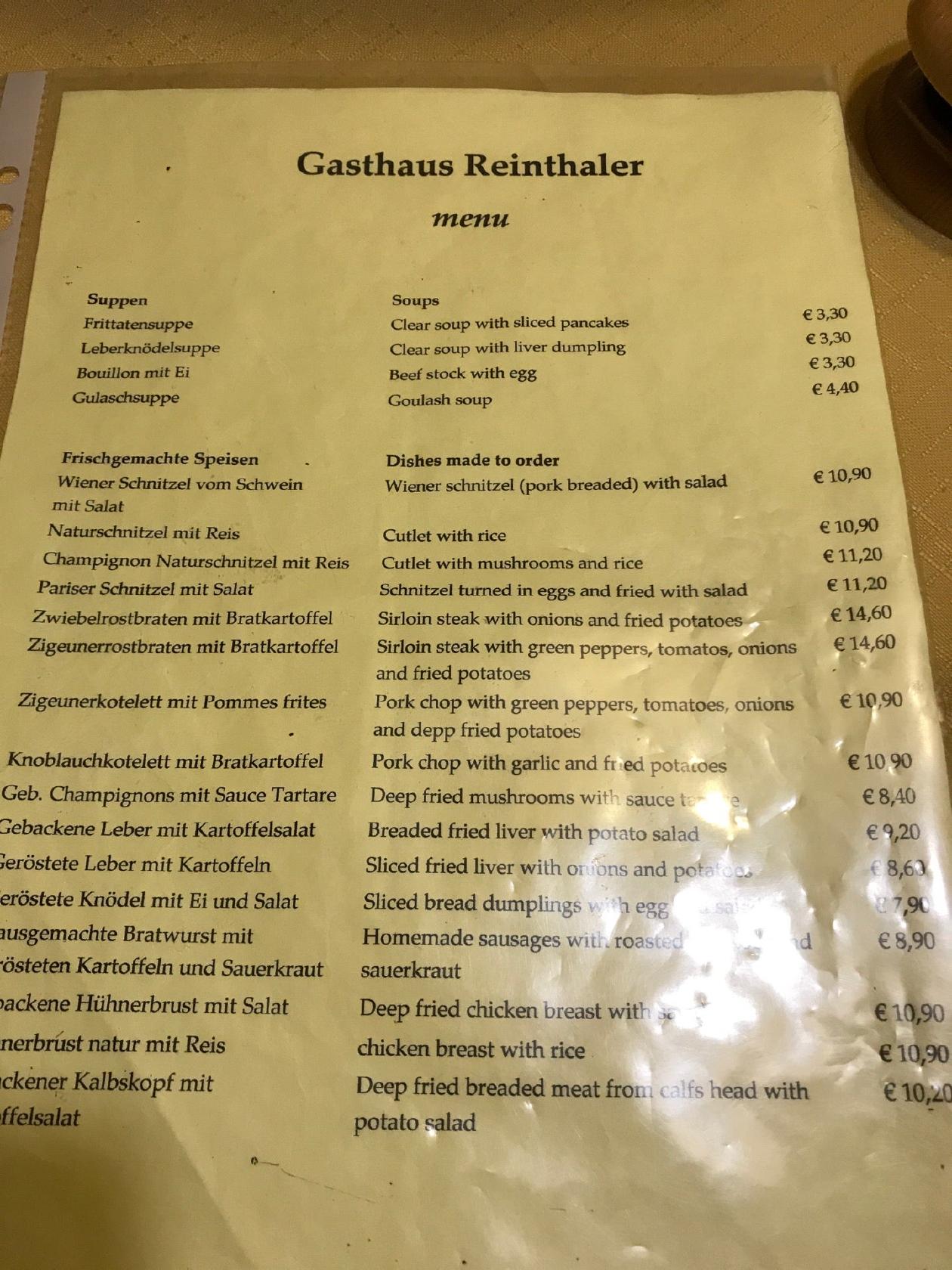 Speisekarte von Gasthaus Reinthaler restaurant, Wien, Gluckgasse 5
