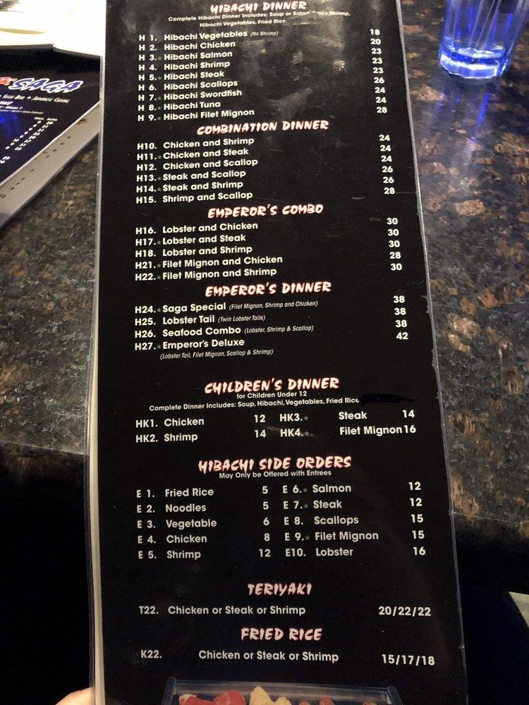 Menu at Saga Hibachi Steakhouse & Sushi Bar, Foxborough