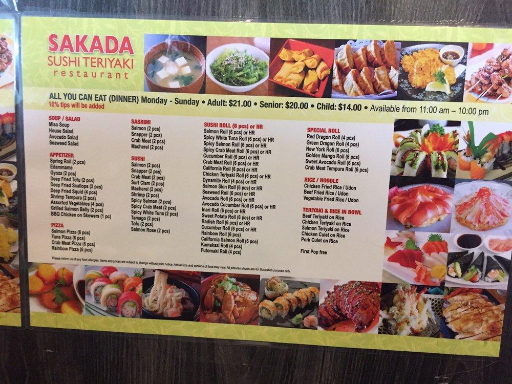 Menu at Sakada Sushi Teriyaki Restaurant, Pickering