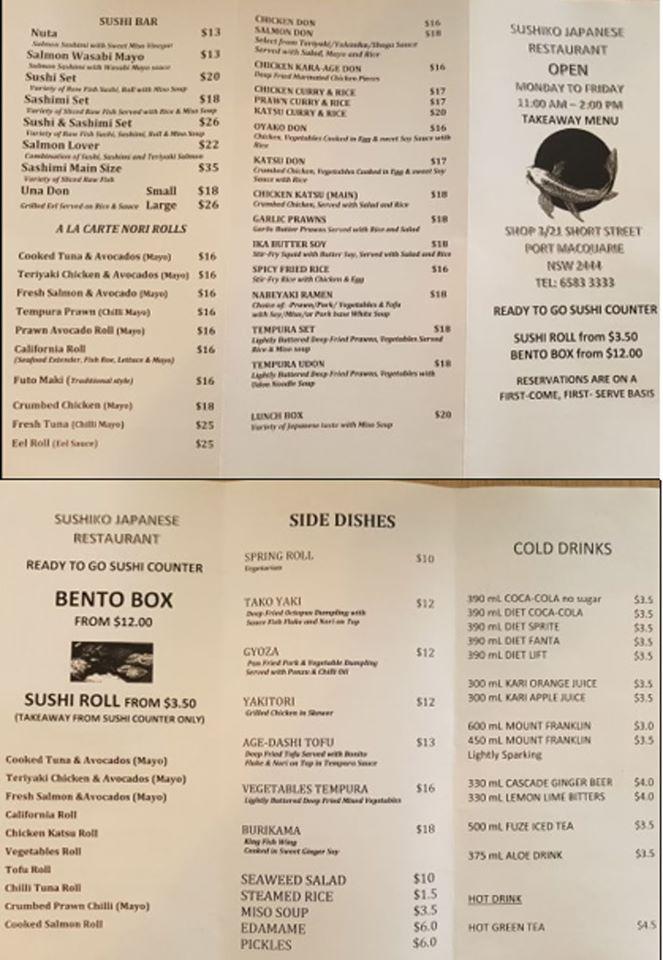 Menu at Sushiko Japanese Restaurant, Port Macquarie