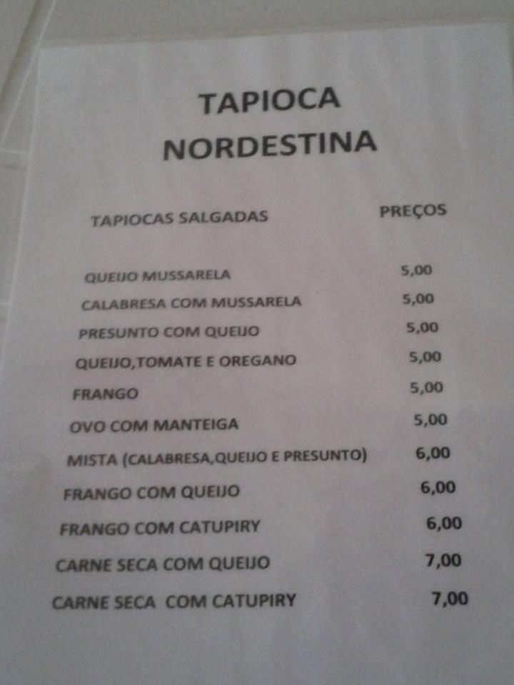 Menu at Tapioca Nordestina cafeteria, São Gonçalo