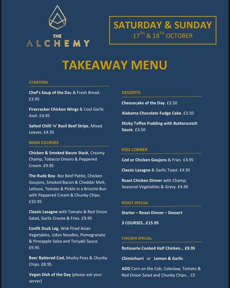 Menu at The Alchemy restaurant, Moira