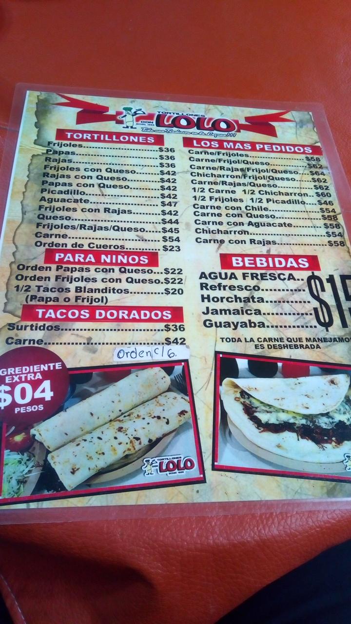 Carta del restaurante Tortillones Don Lolo Constitucion, Torreón, Blvrd ...