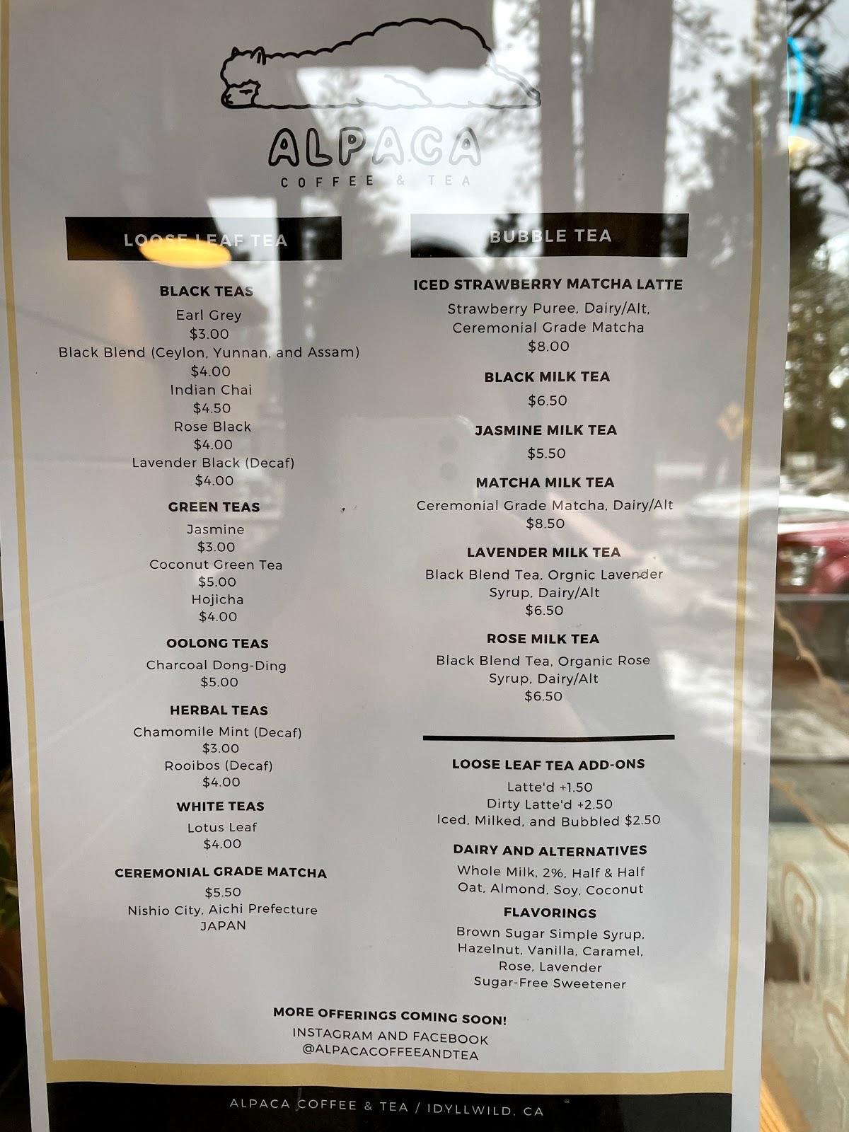 Menu at Alpaca Coffee & Tea cafe, Idyllwild-Pine Cove