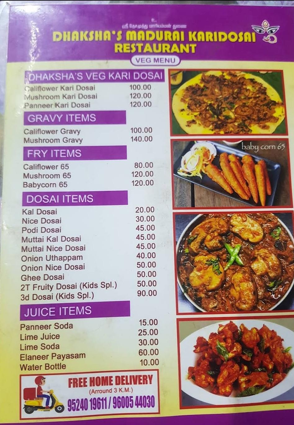 Menu at Dhakshas Madurai Kari Dosai Restaurant, Chennai