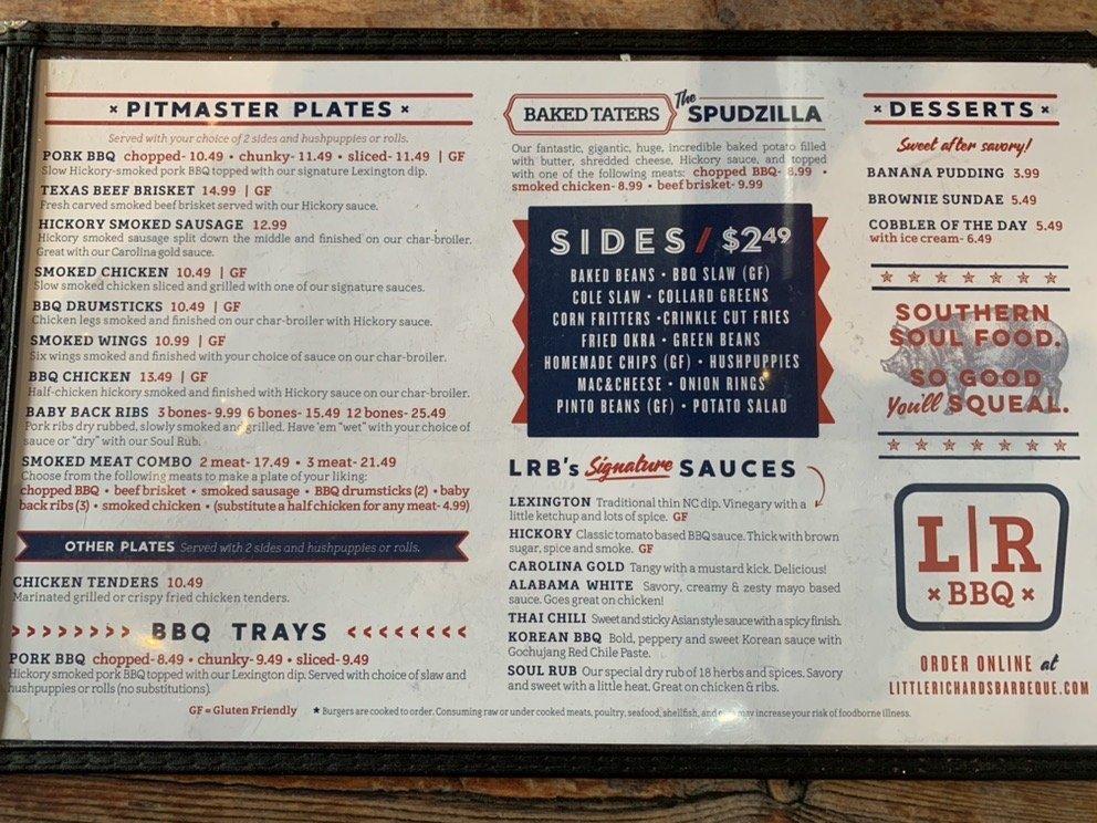 Menu at Little Richards Smokehouse BBQ, Yadkinville