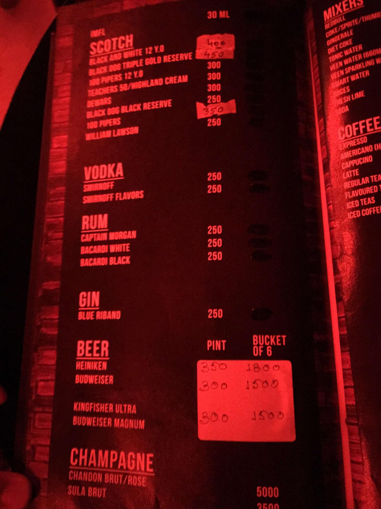 Menu at TOT, Hyderabad