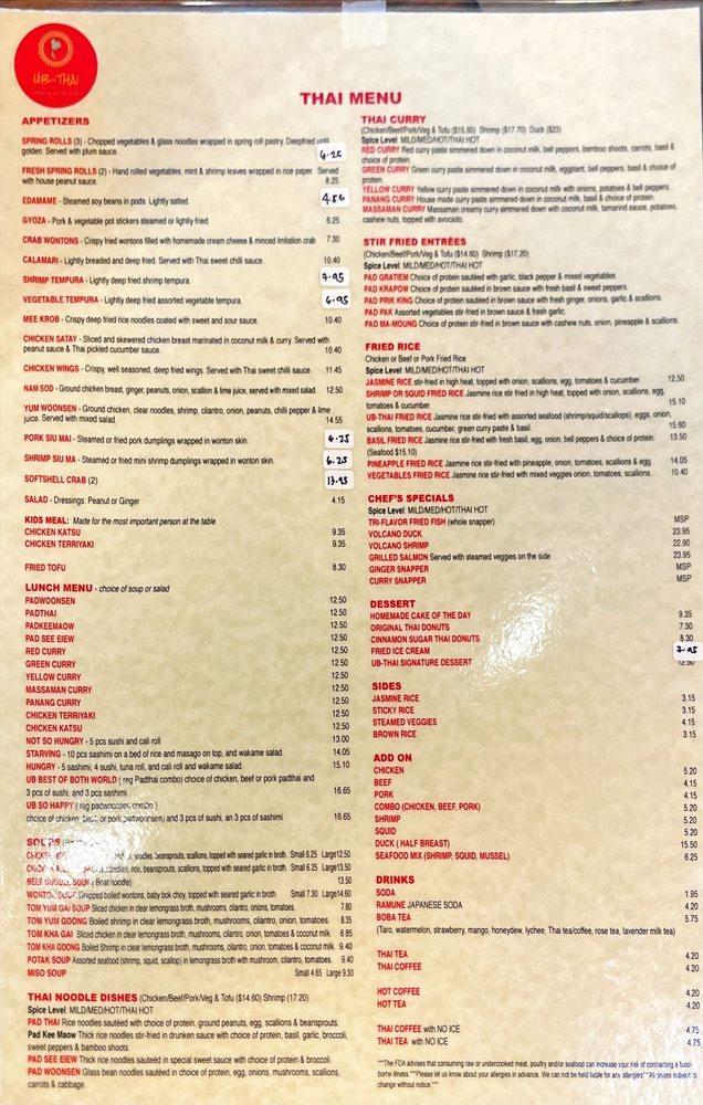 Menu at UB-THAI restaurant, Boca Raton