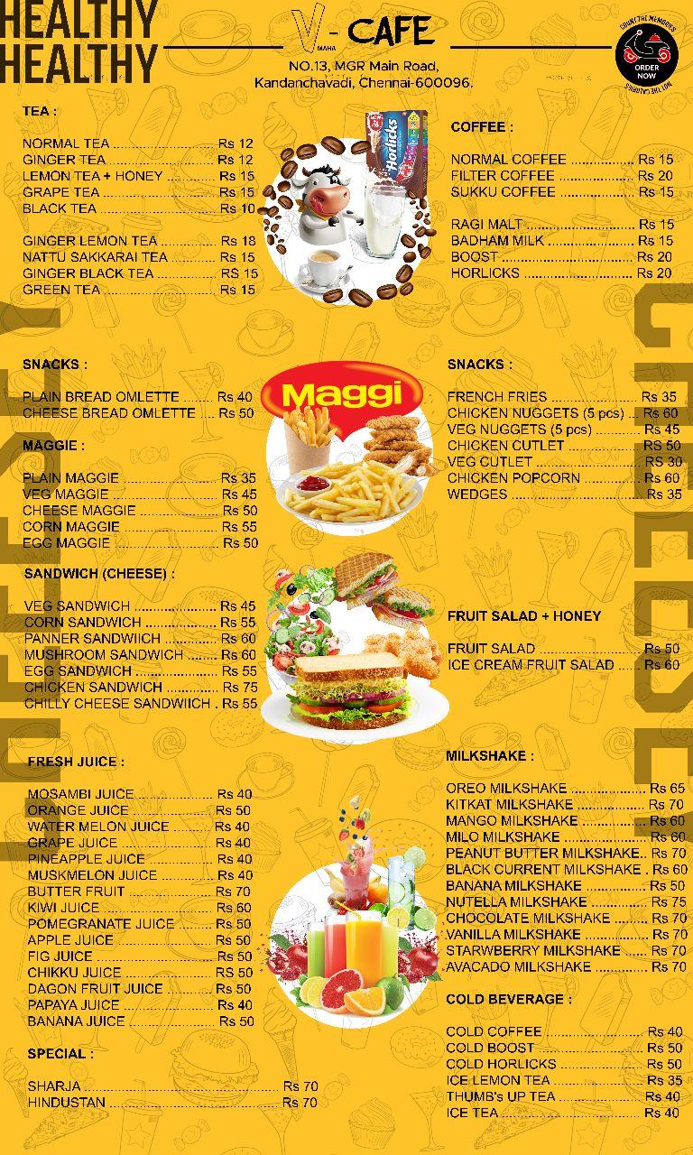 Menu at V Cafe, Chennai, MGR Main Rd