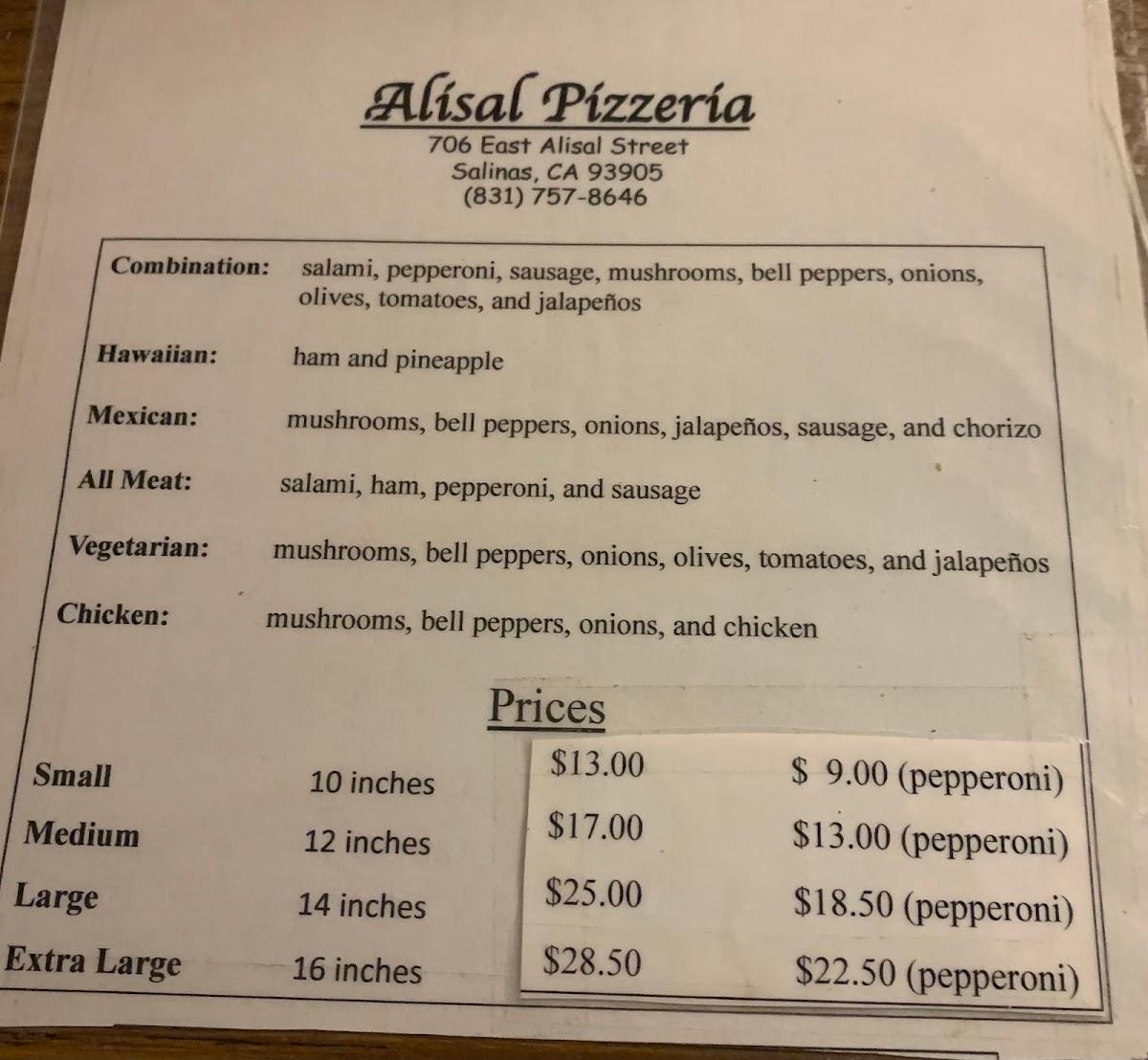 Menu at Alisal Pizzeria, Salinas