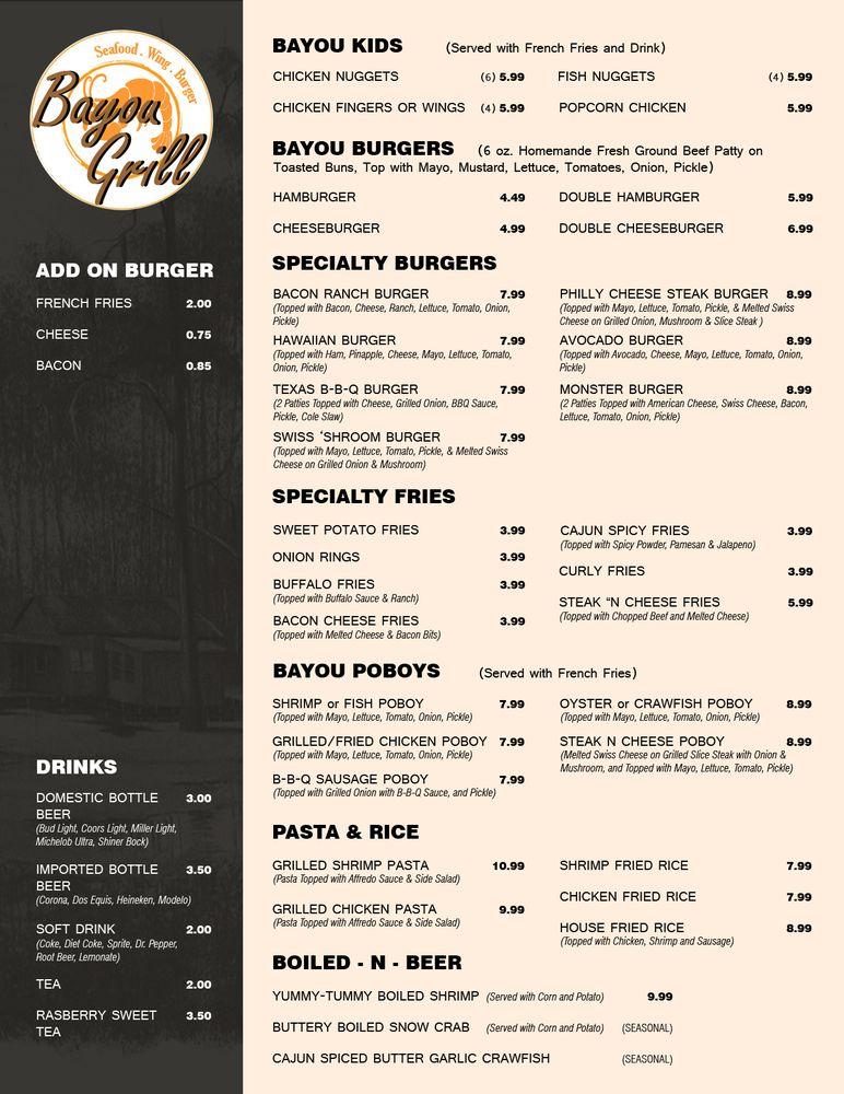 Menu at Bayou Grill restaurant, Pearland