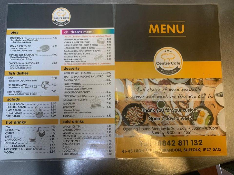 Menu at Centre Cafe, Brandon