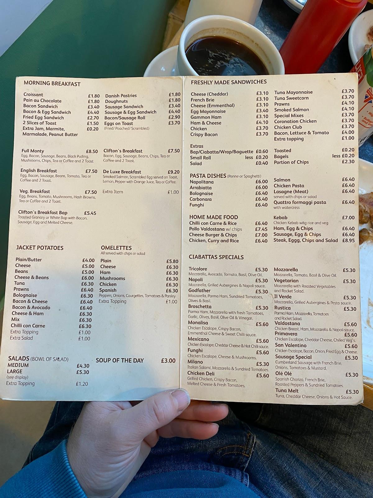 Menu at Clifton's Café cafe, London