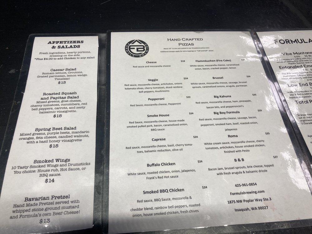 Menu at Formula Brewing pizzeria, Issaquah