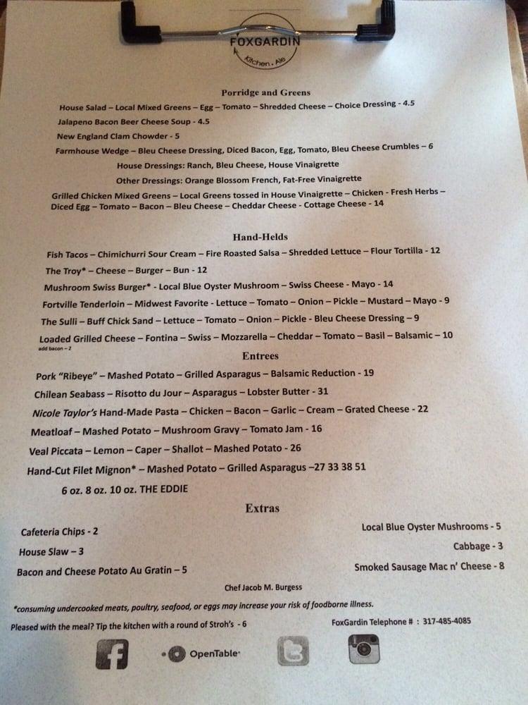 Menu at FoxGardin Kitchen & Ale restaurant, Fortville