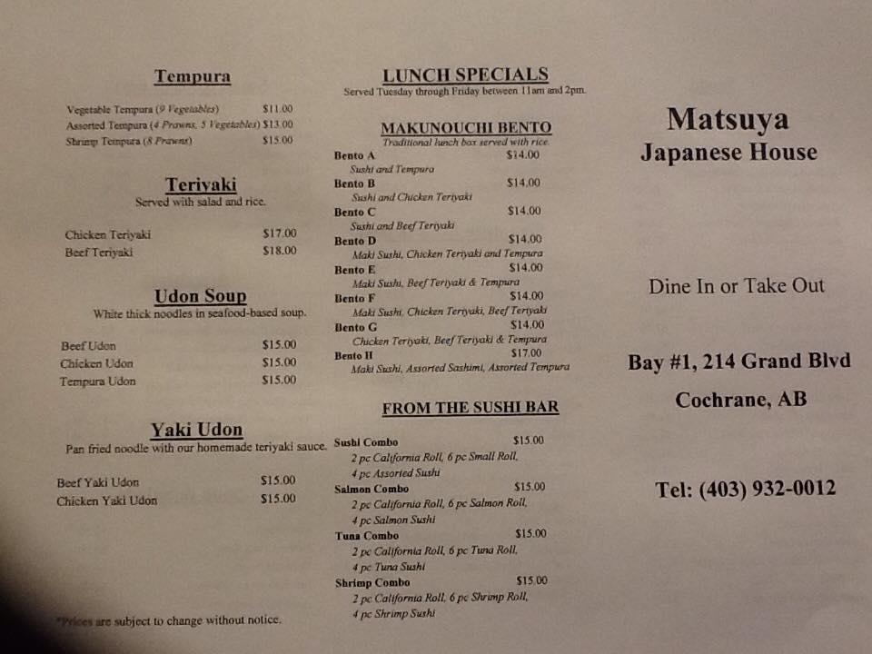 Menu at Matsuya Japanese House restaurant, Cochrane