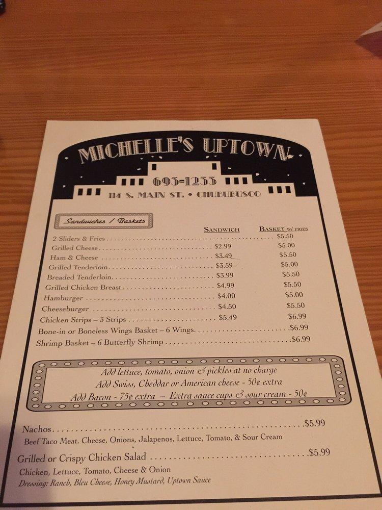 Menu at Michelle's pub & bar, Churubusco