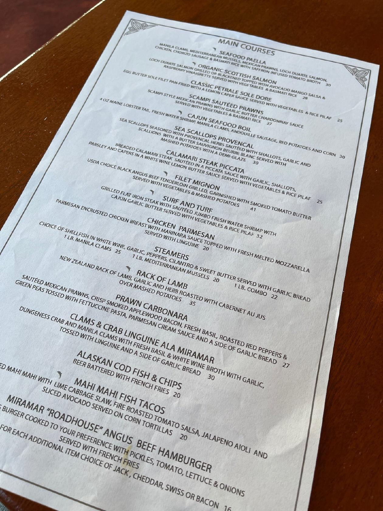 Carta de Miramar Beach Restaurant, Half Moon Bay