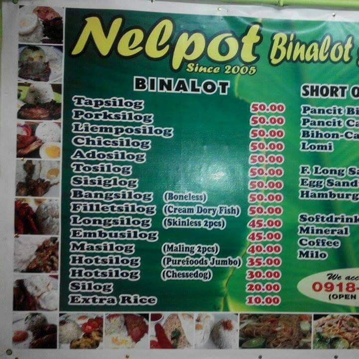 Menu at Nelpots Binalot restaurant, Muntinlupa