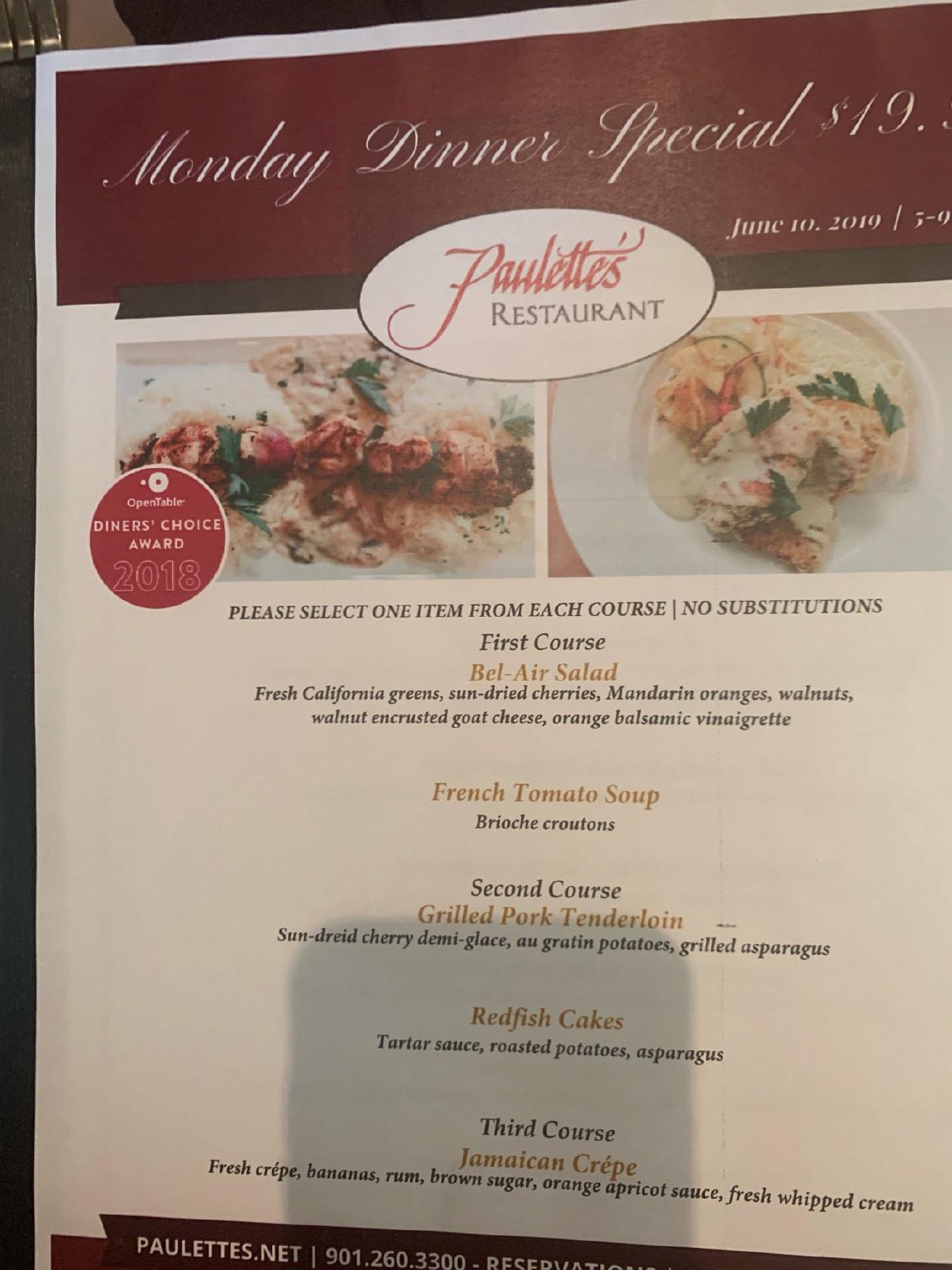 Menu at Paulette's Restaurant, Memphis, 50 Harbor Town Square