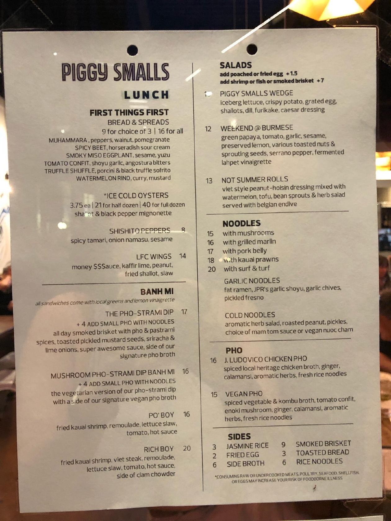 Menu at Piggy Smalls restaurant, Honolulu