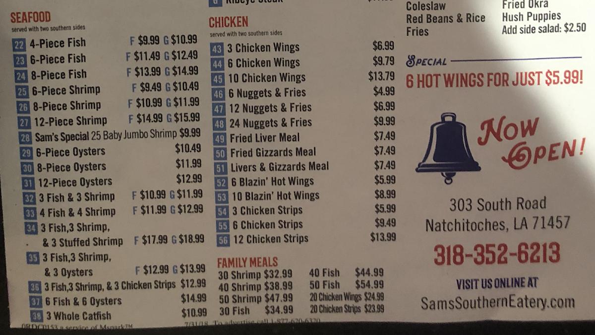 Menu at Sam's Southern Eatery restaurant, Natchitoches