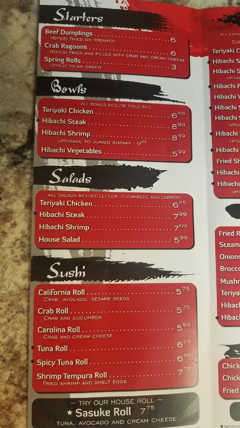 Menu at Sasuke japanese grill restaurant, Wilmington