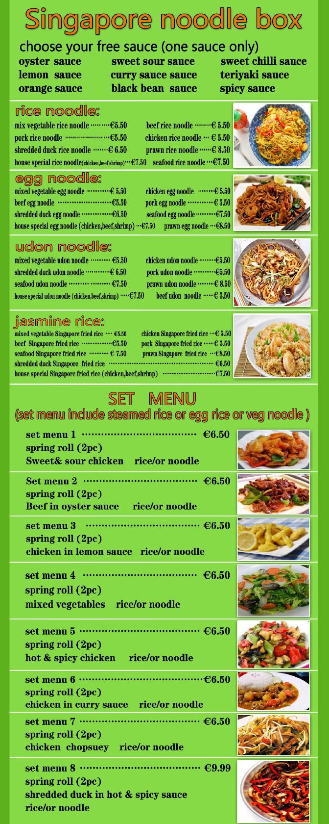 Menu at Singapore Noodle House restaurant, Saint Julian's