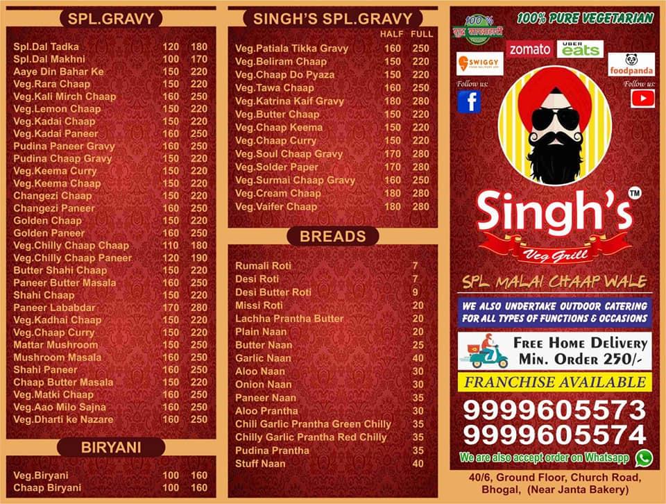 Menu at Singh's Chaap, Delhi
